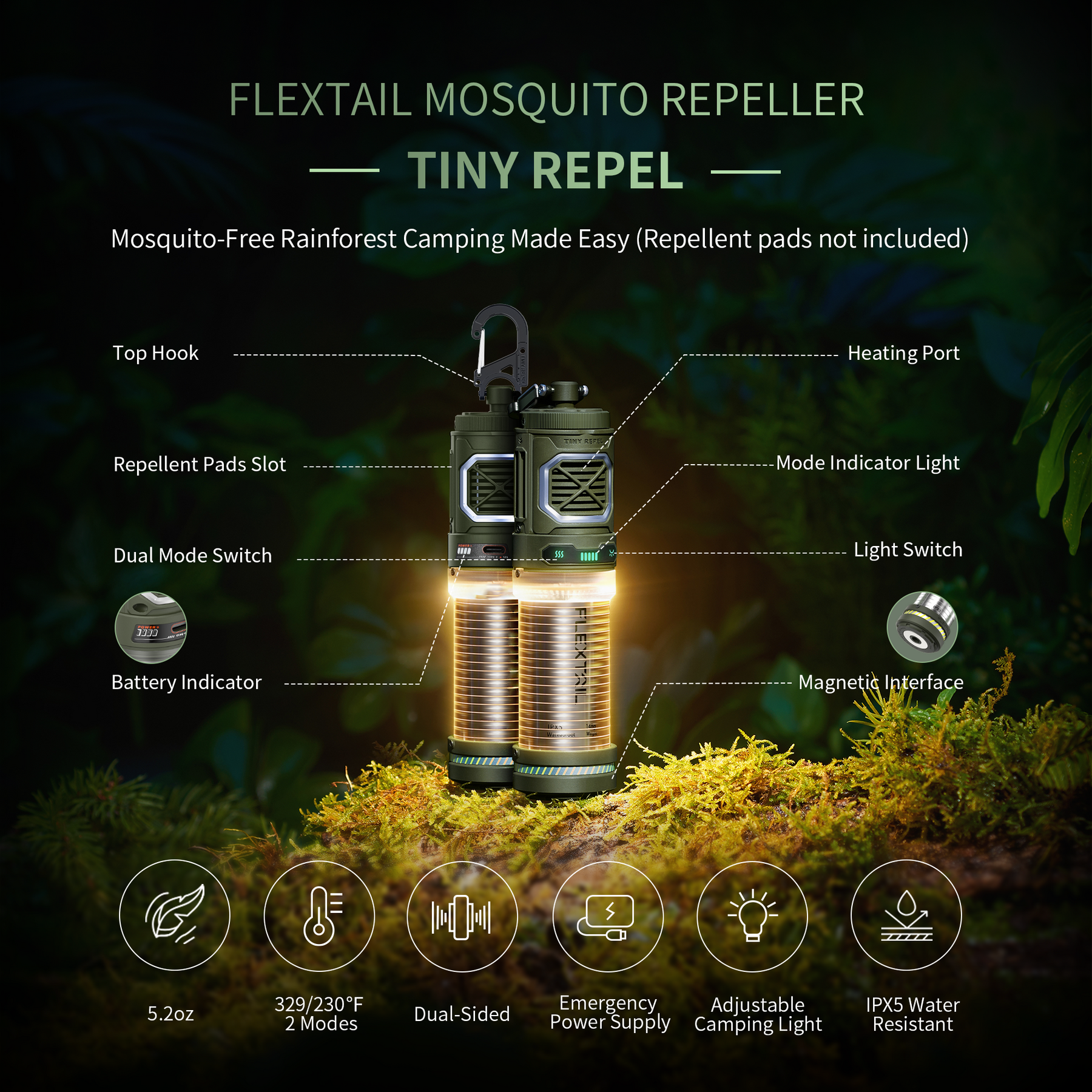FLEXTAIL TINY REPELLER - 3 IN 1 Outdoor Insect Repellent with Power Bank